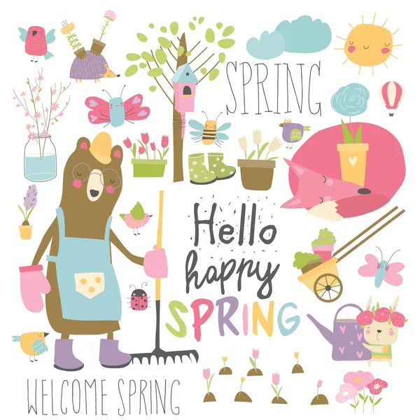 Cartoon Easter set with flowers ,easter eggs and rabbits Stock Vector ...