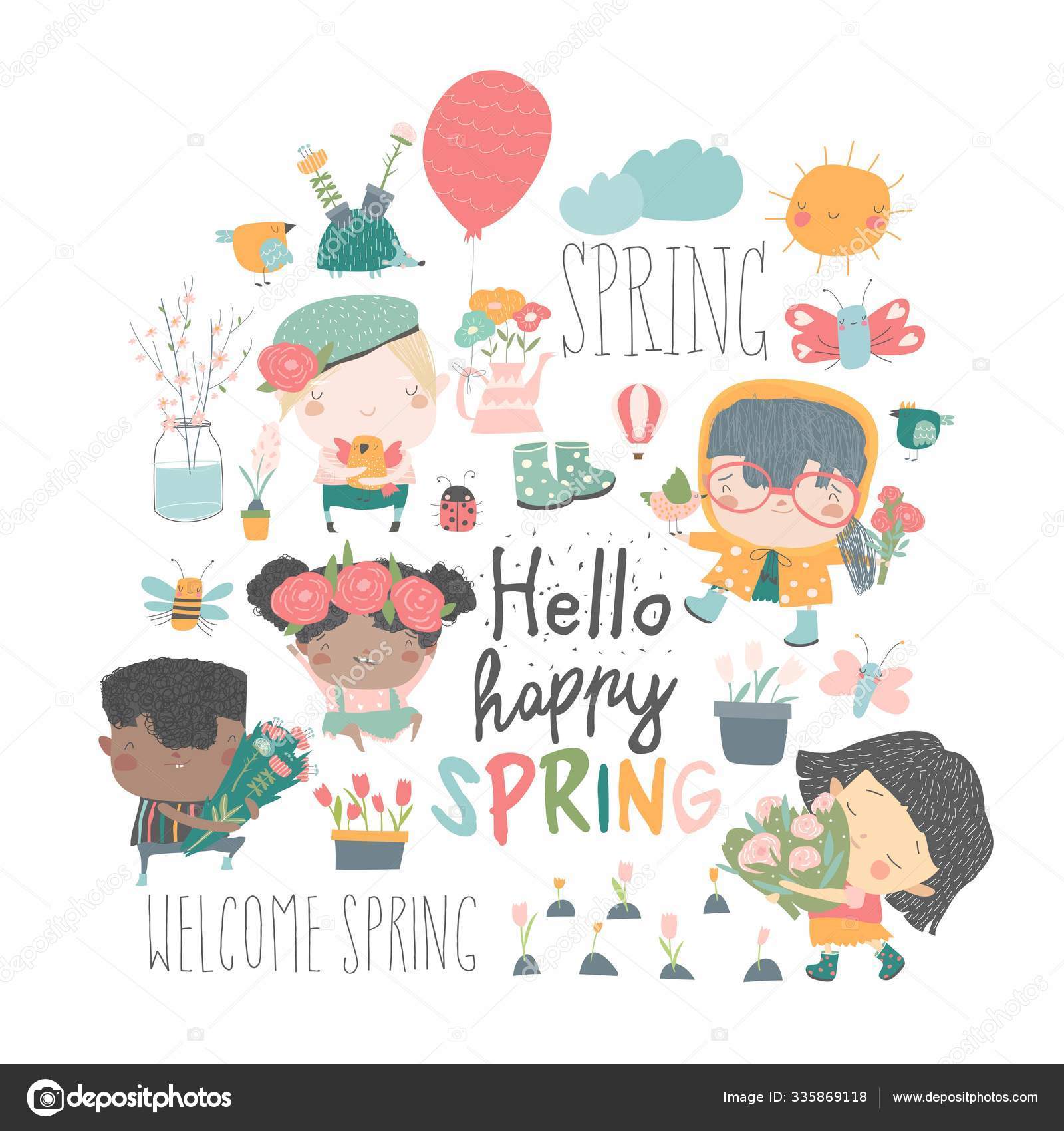Set of cartoon children and spring elements — Stock Vector © masastarus ...