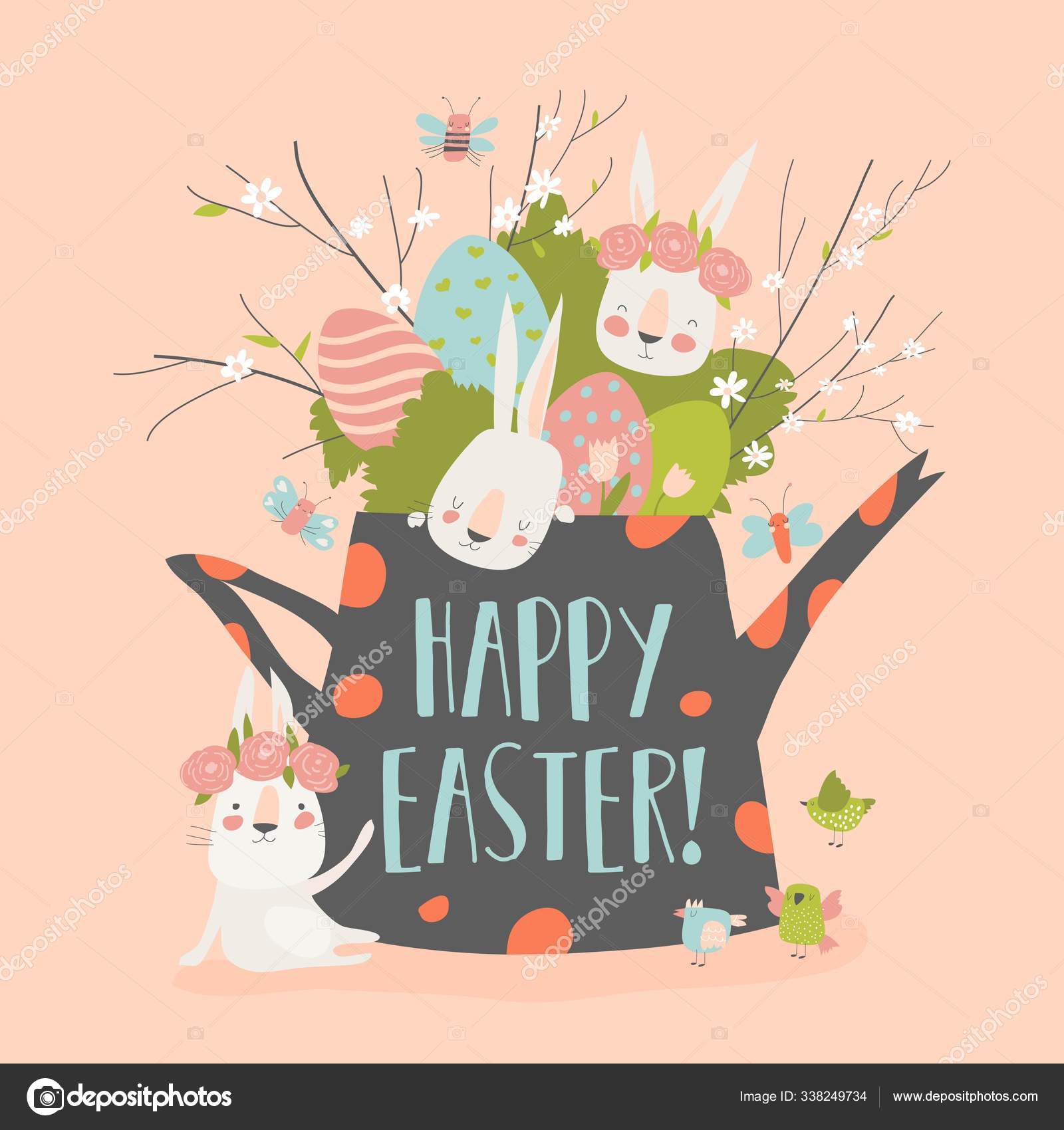 Cute cartoon bunny with Easter eggs and flowers Stock Vector Image by ...