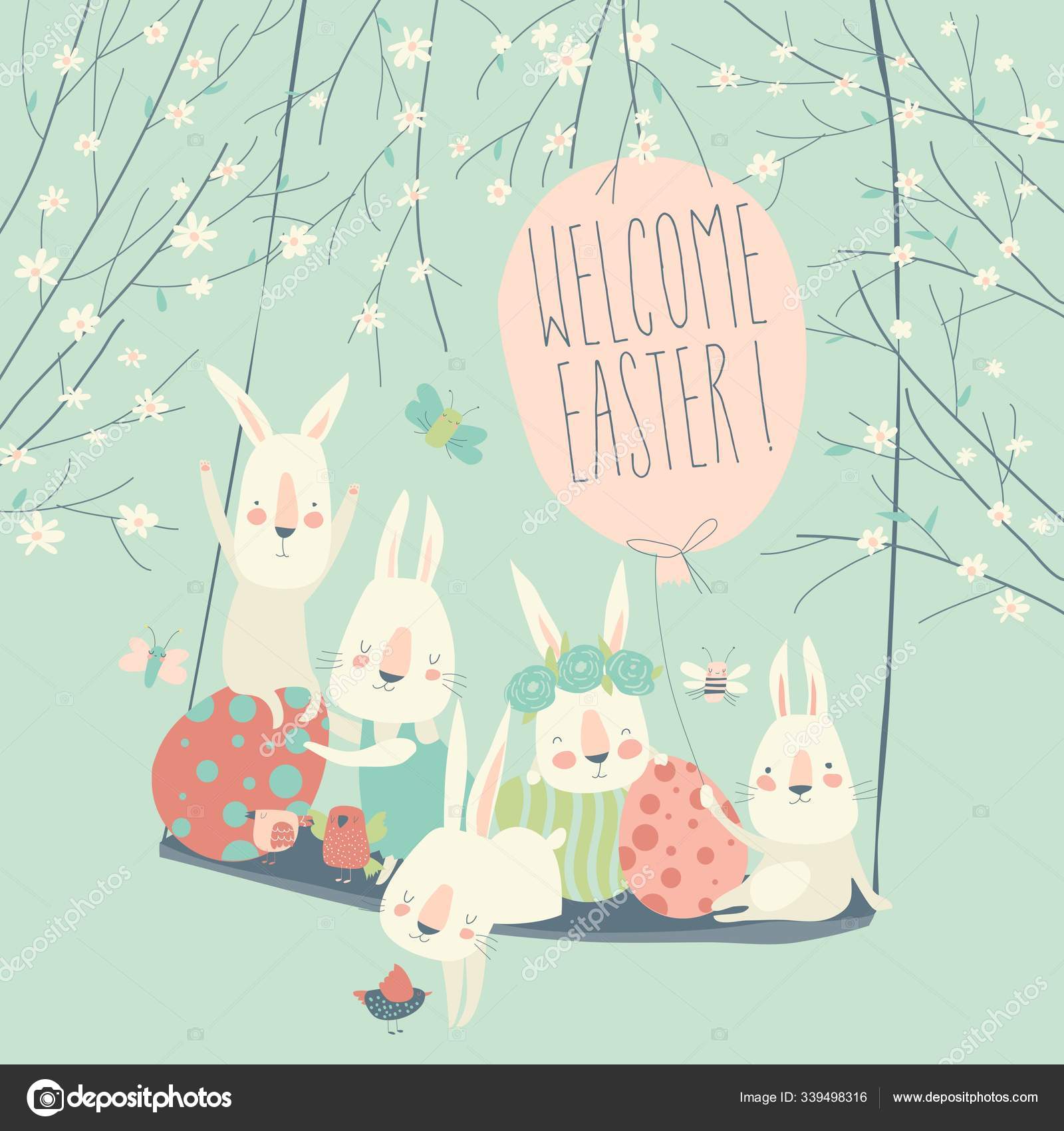 Cute cartoon bunny with Easter eggs and flowers Stock Vector Image by ...