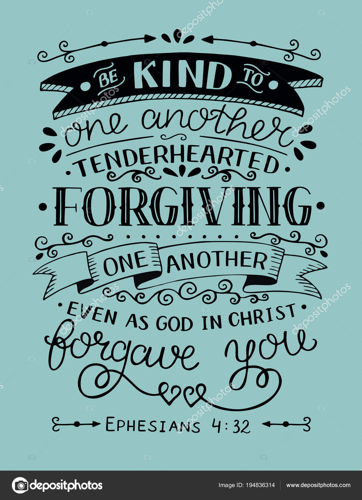 Hand lettering with bible verse Be kind to one another, tenderhearted ...