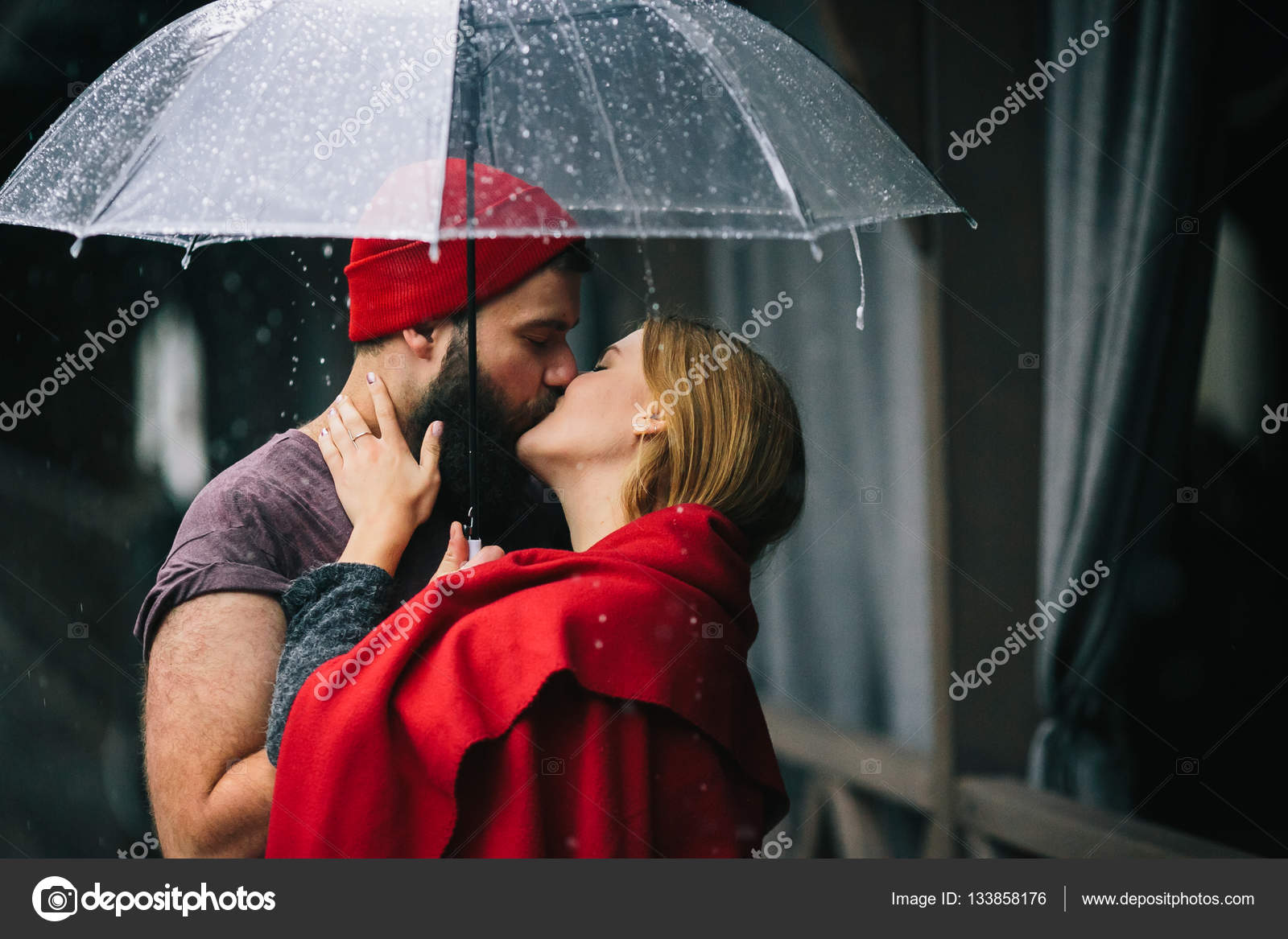 Kiss In The Rain Red Umbrella