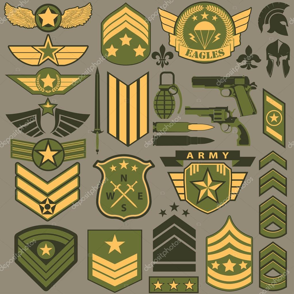 Conjunto de símbolos militares, vector de parches del ejército 2025