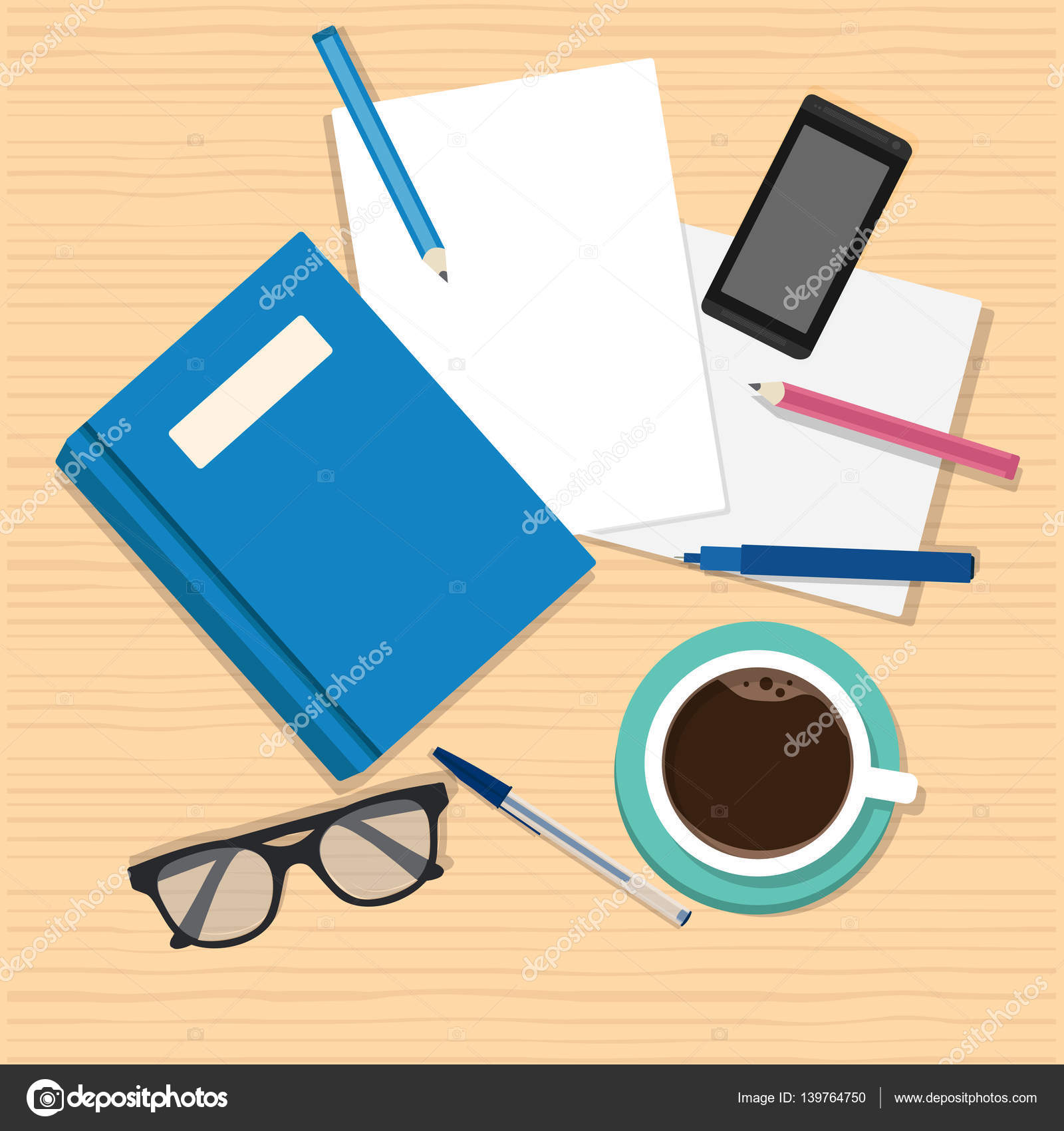 Notebook design vector top view on desk concept, Workspace with office ...