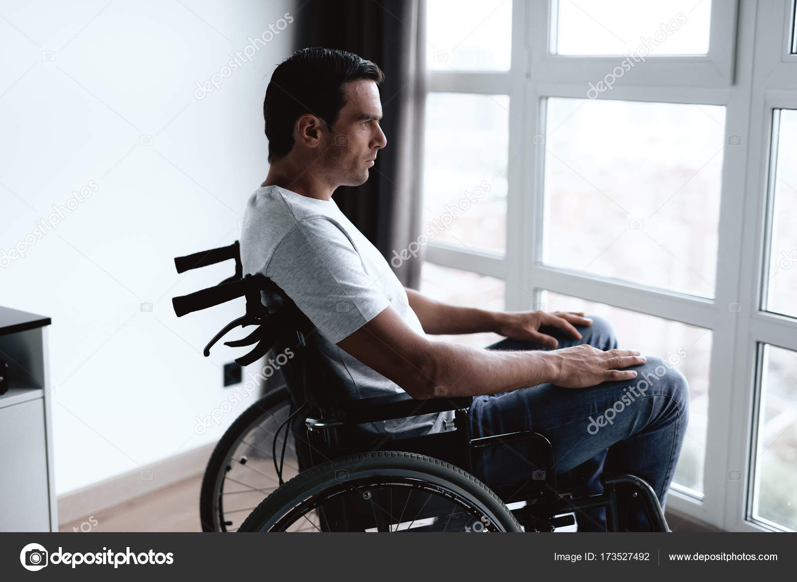 Disabled Person Wheelchair Sits Front Large Panoramic Window Looks Sad ...