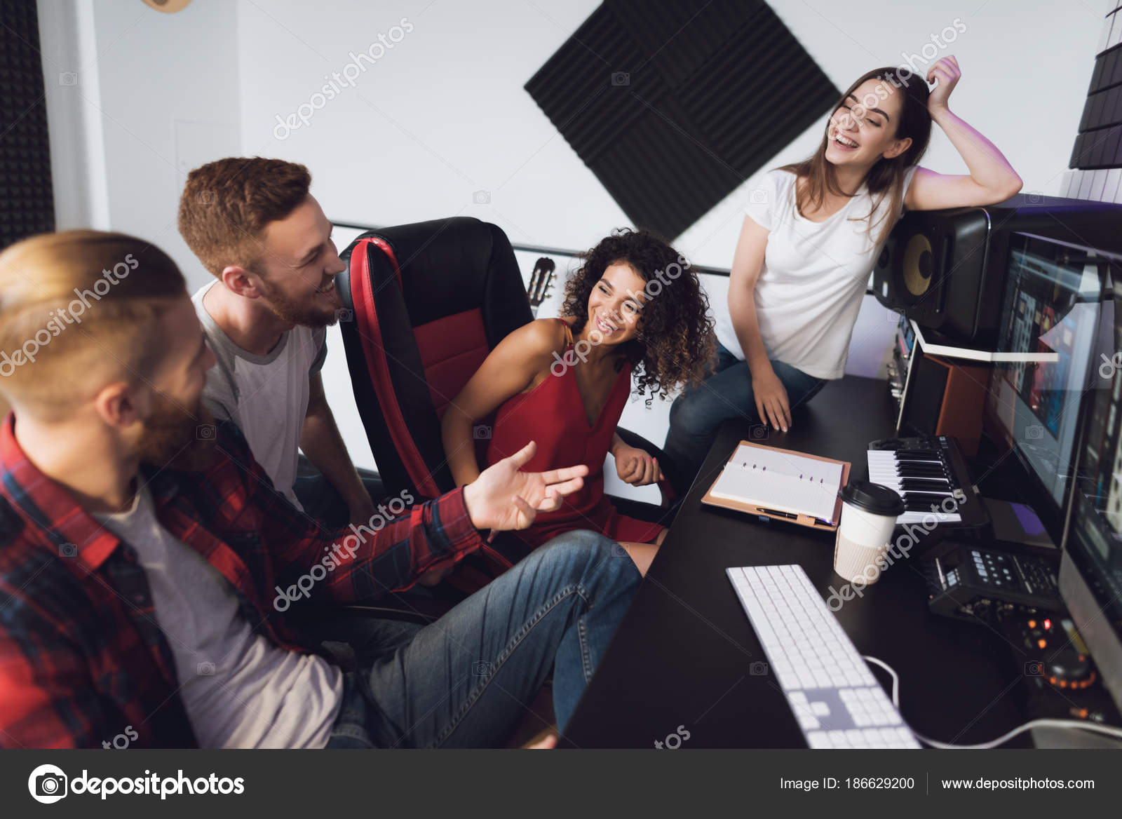 Two Singers Sound Engineers Recording Studio Engaged Mixing Songs Girls ...