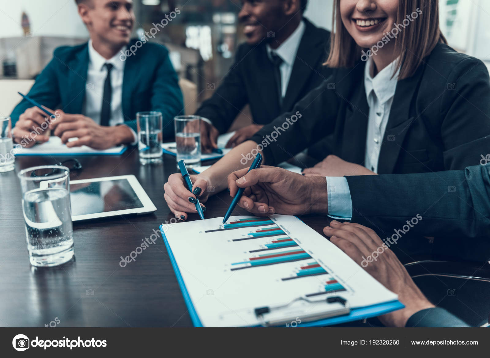 Colleagues Business Suits Study Charts Depicted Negotiation Room ...