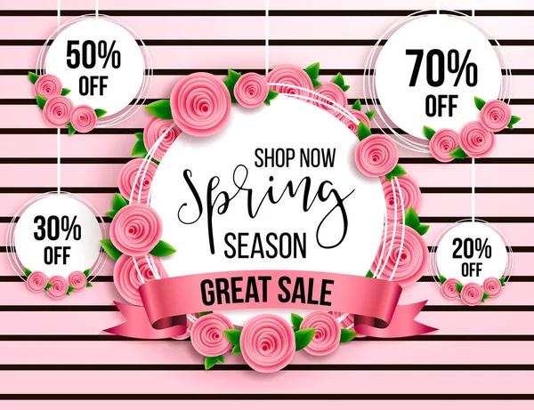 Spring season sale offer, banner template. Pink ribbon with lettering ...