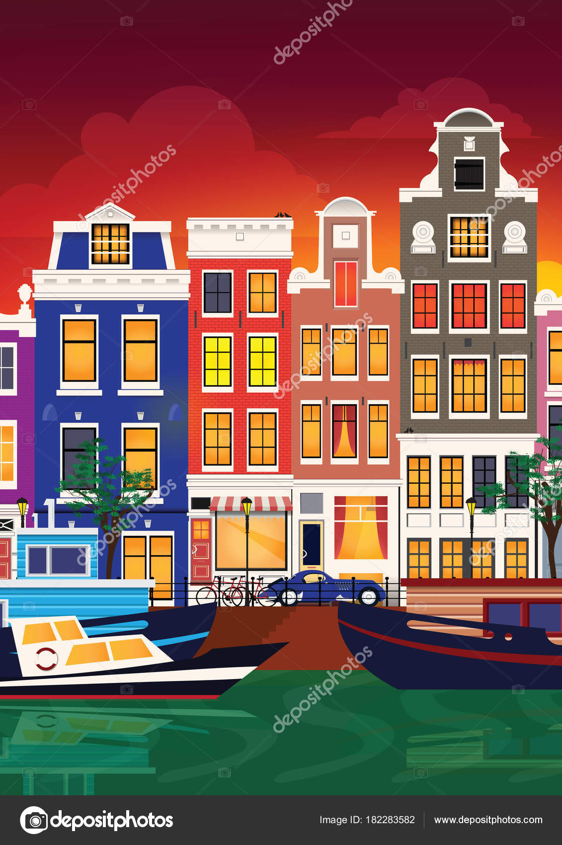 Flat cartoon multicolor colorful historic buildings city town Amsterdam ...