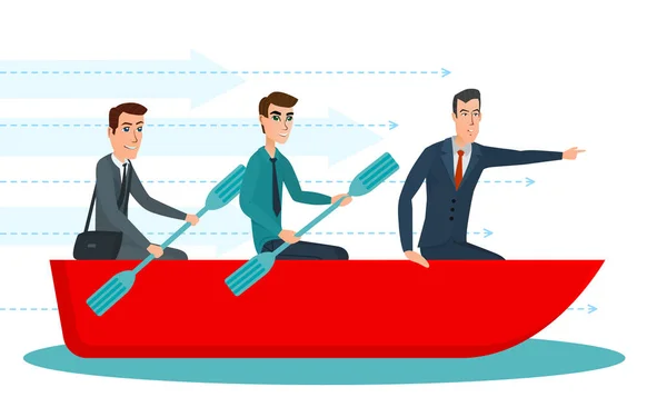 Businessmen workers rowing oars in boat and manager with. Team ...