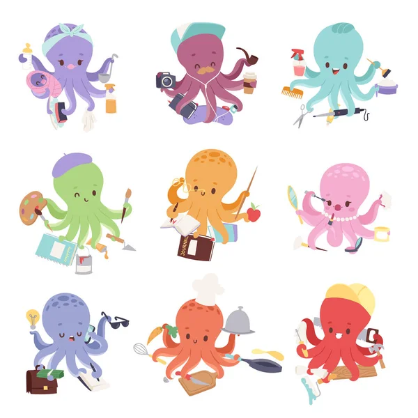 Cartoon multitasking octopuses motivating cards illustration. Builder ...