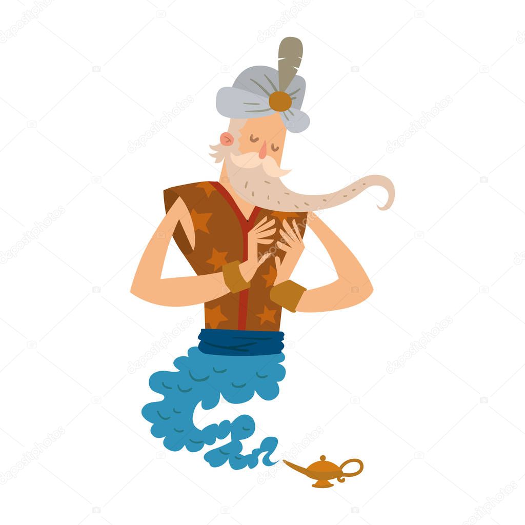 Cartoon genie character magic lamp flat vector illustration treasure arabian aladdin miracle ...