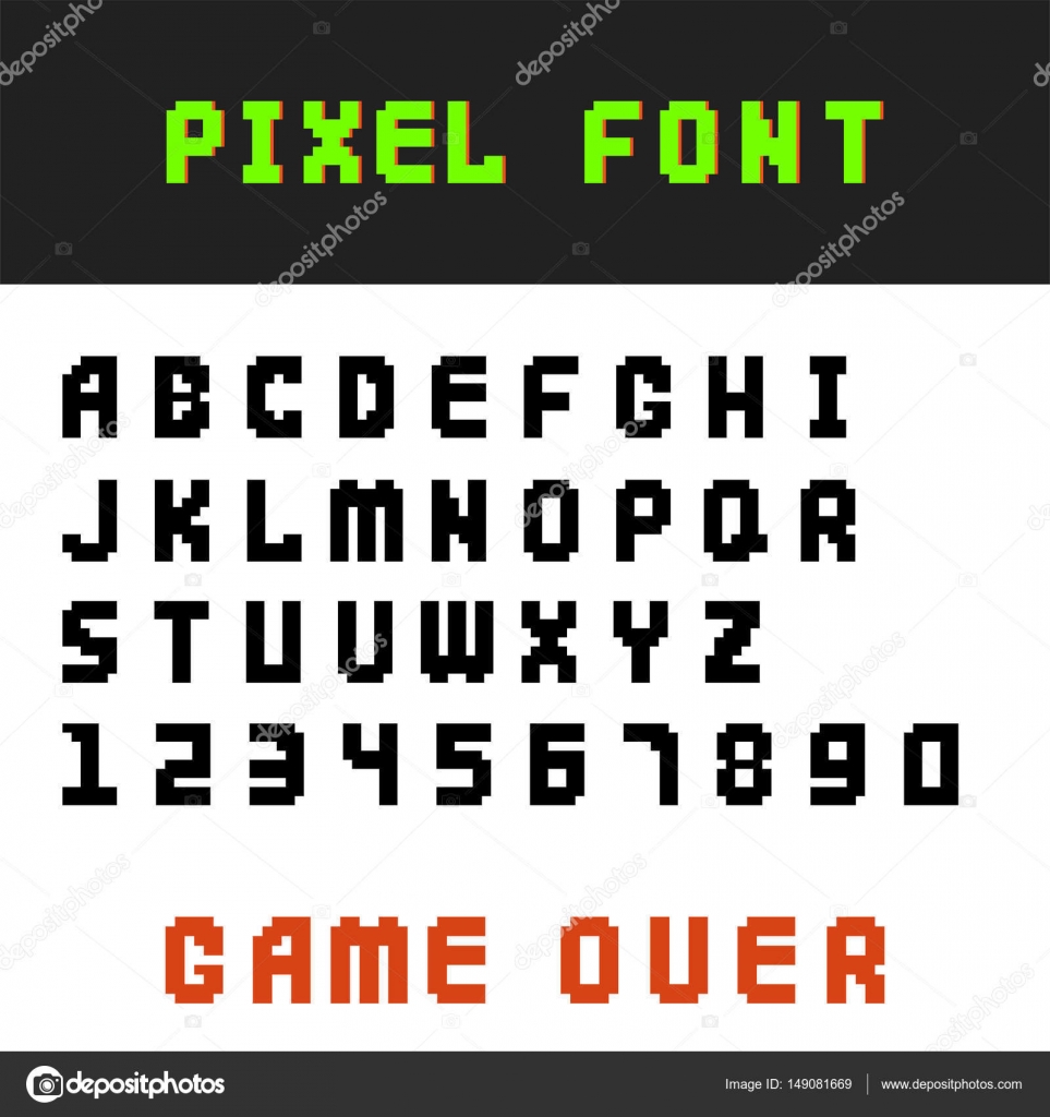 Pixel retro font video computer game design 8 bit letters numbers ...