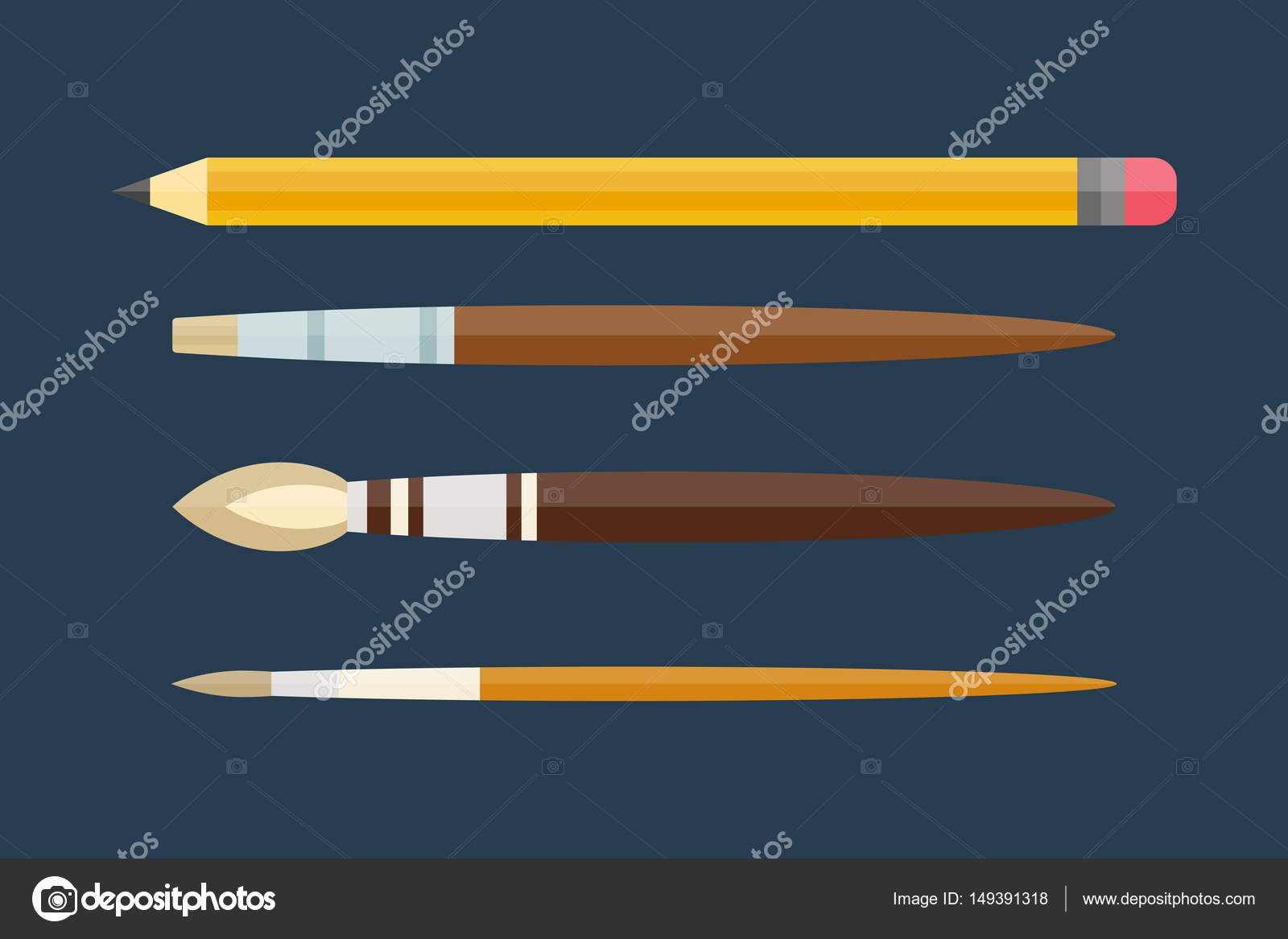 Paint and writing tools collection flat style colored stationery ...