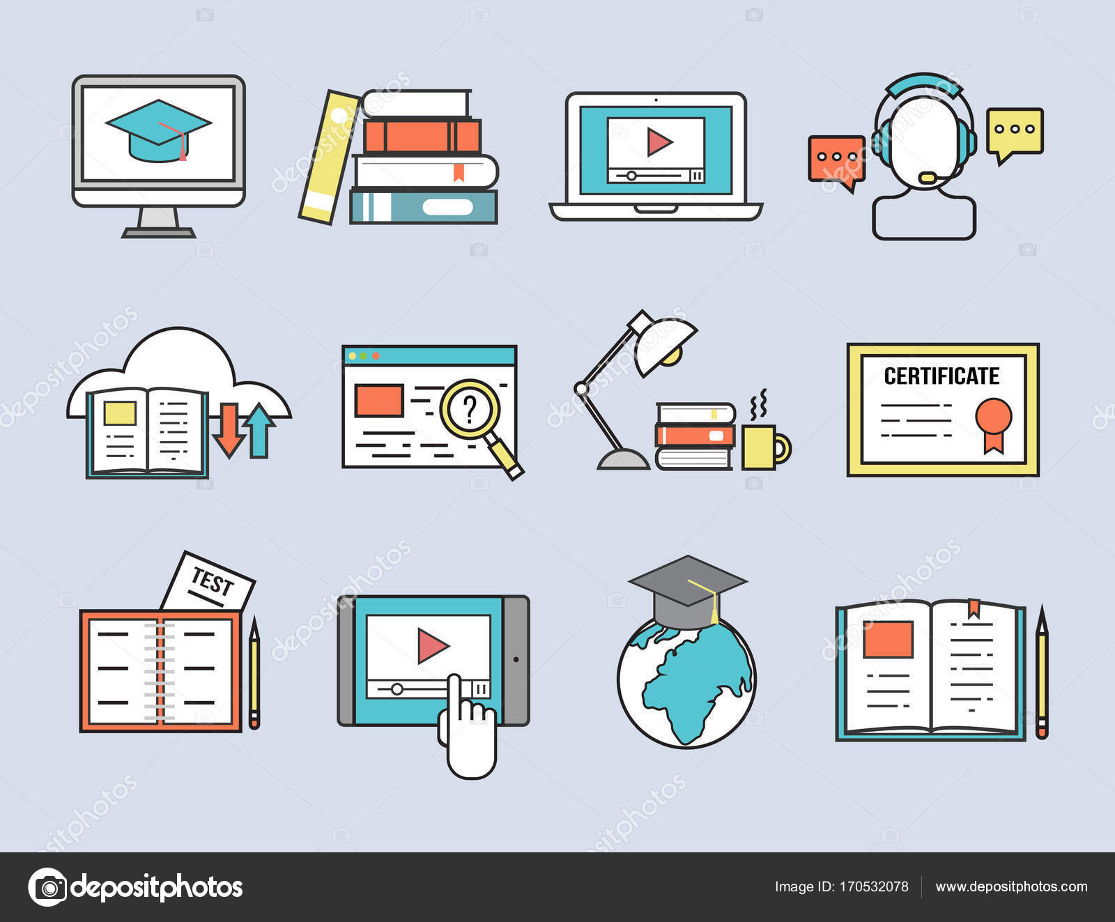 Flat design icons online education staff training book store distant ...