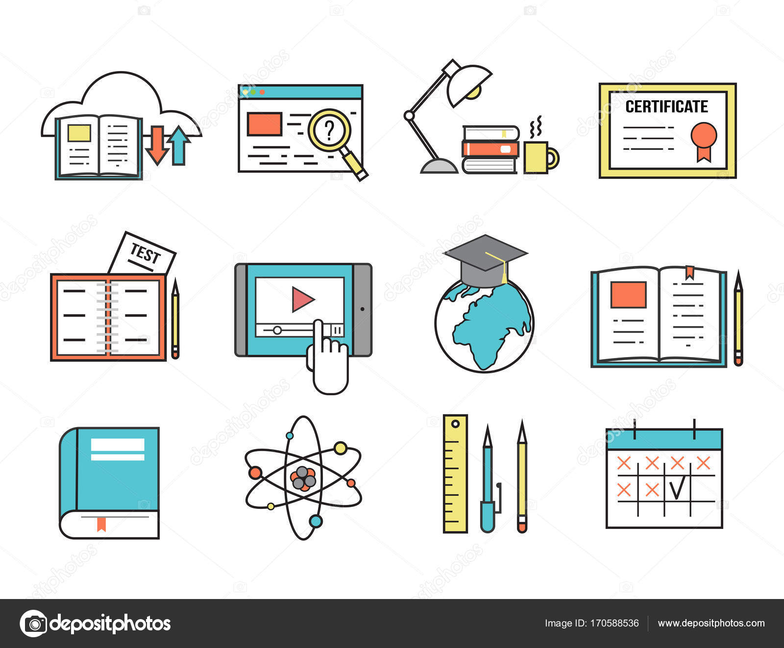 Flat design icons online education staff training book store distant ...