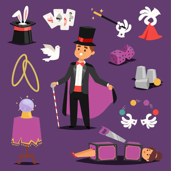 Illusionist vector magic man and saw woman on scene icons bunny, hat ...