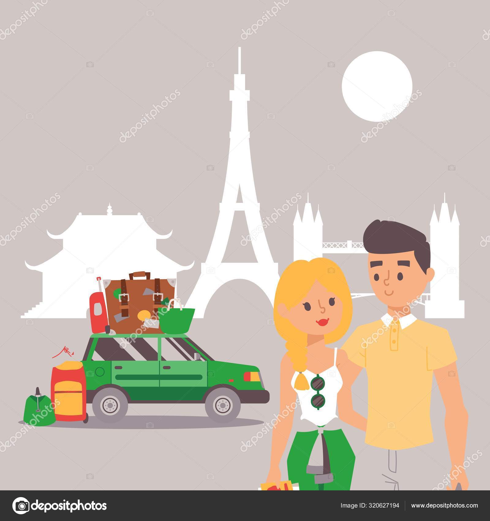 Romantic couple traveling around the world with car, vector ...