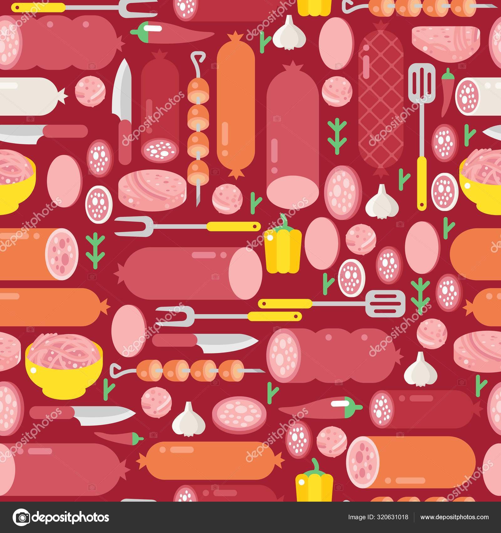 Meat and sausages seamless pattern, vector illustration. Isolated flat ...