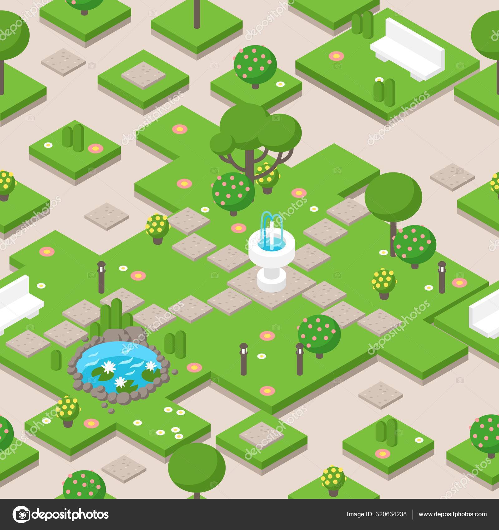 Isometric park composition with trees, fountain and bench, vector ...
