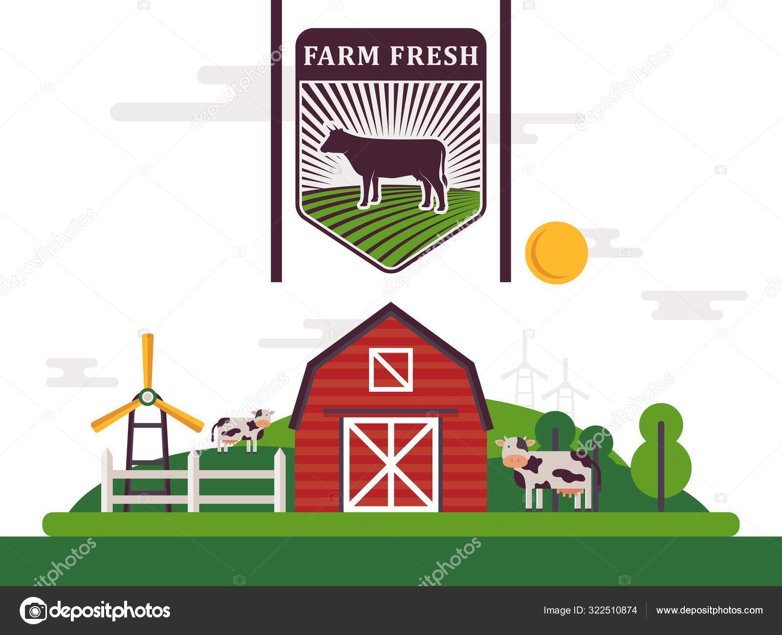 Farm product label, vector illustration. Flat style landscape with ...