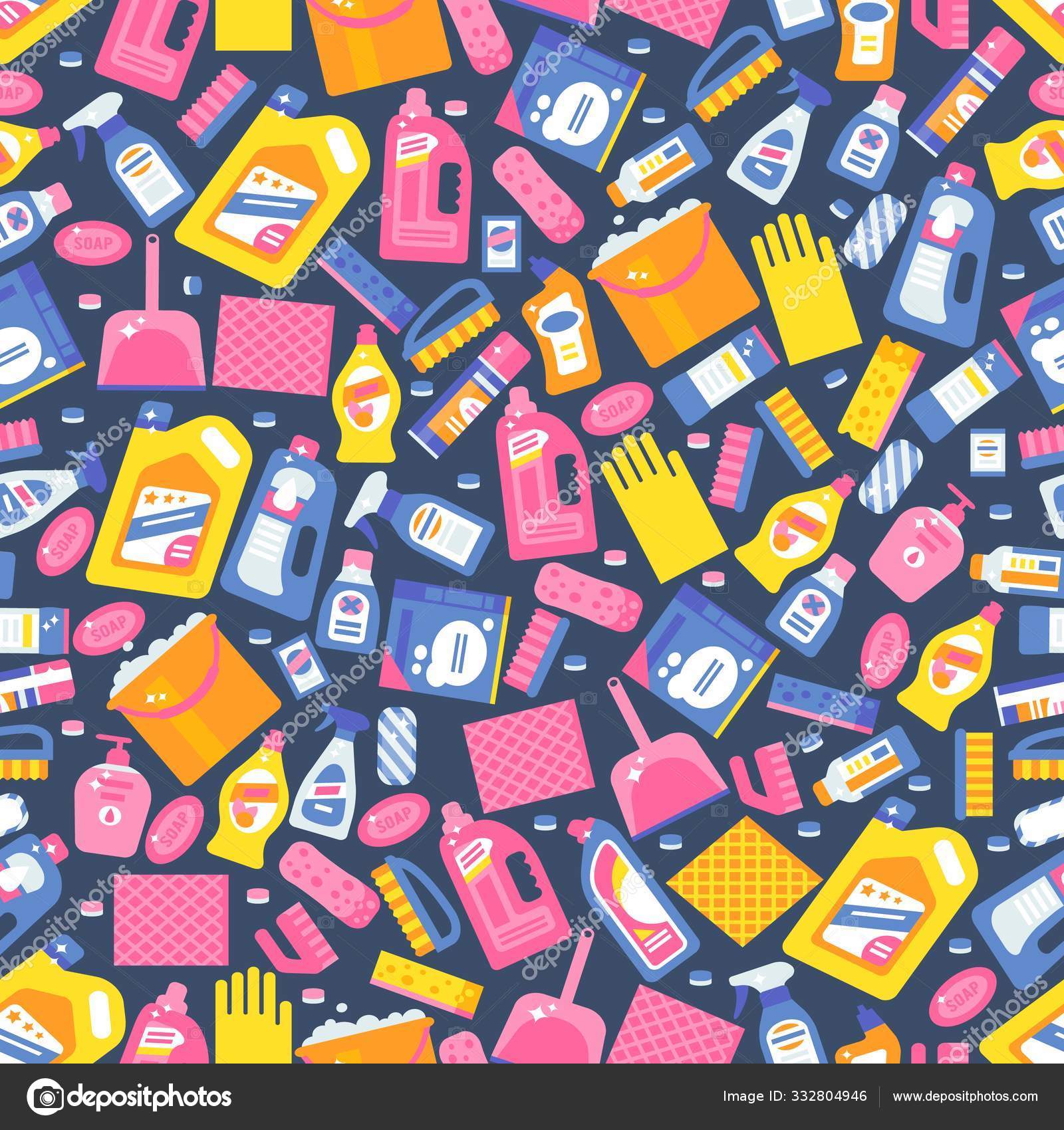 Cleaning products icons in seamless pattern, vector illustration ...
