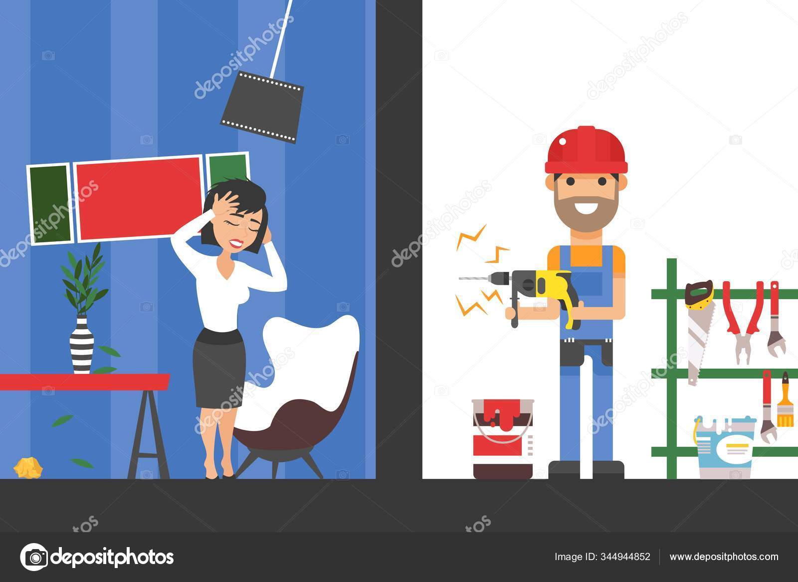 El ruido del taladro del reparador que perfora la pared en el ...