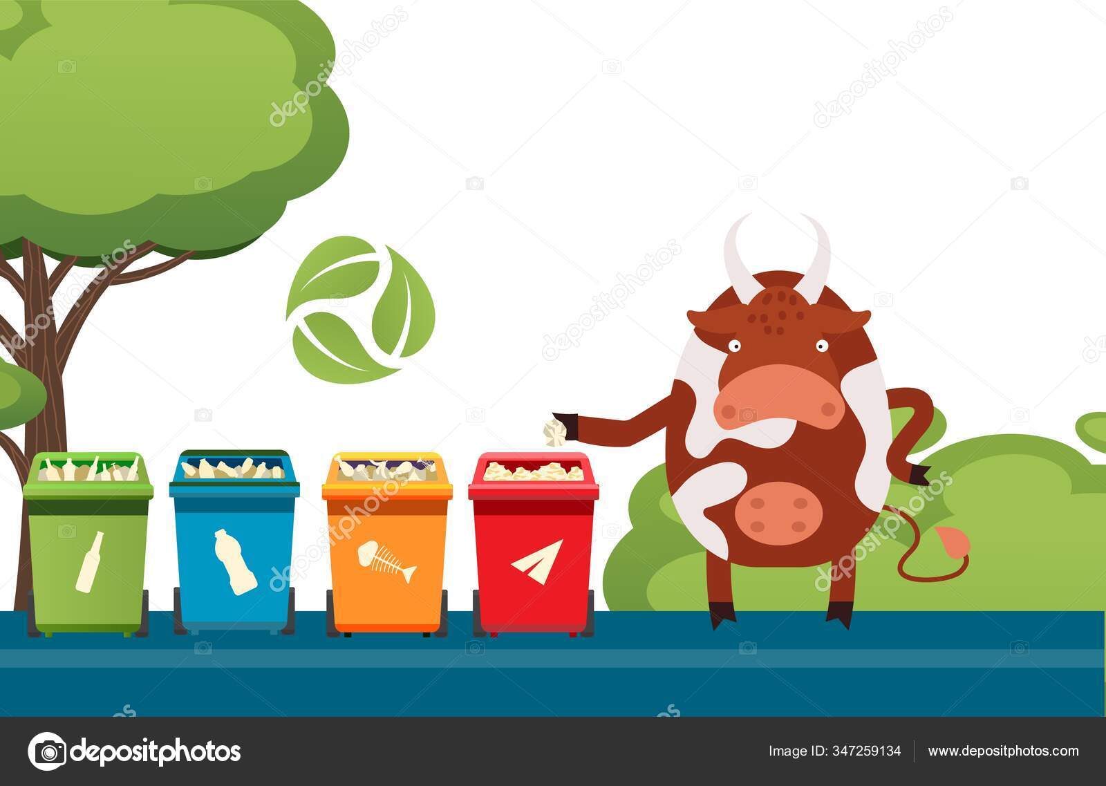 Cow sorting trash, basura reciclaje campaña mascota, divertido ...