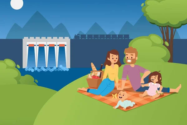 Happy family people on picnic together at hydroelectric power station ...