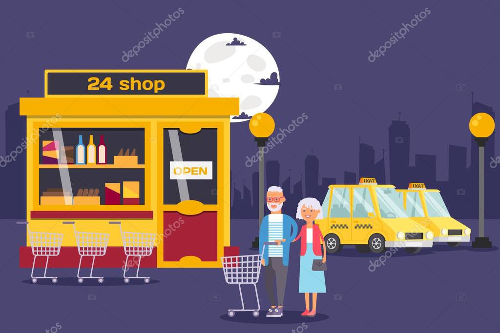 Pareja Mayor De Compras En La Tienda De Comestibles Las 24 Horas Del Día En La Noche