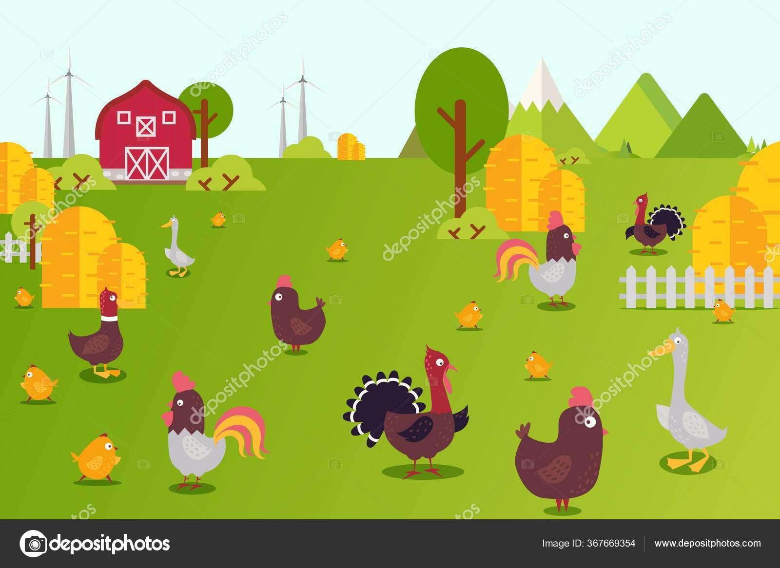 Animal farm collection vector illustration. Hens, ducks, turkeys and ...