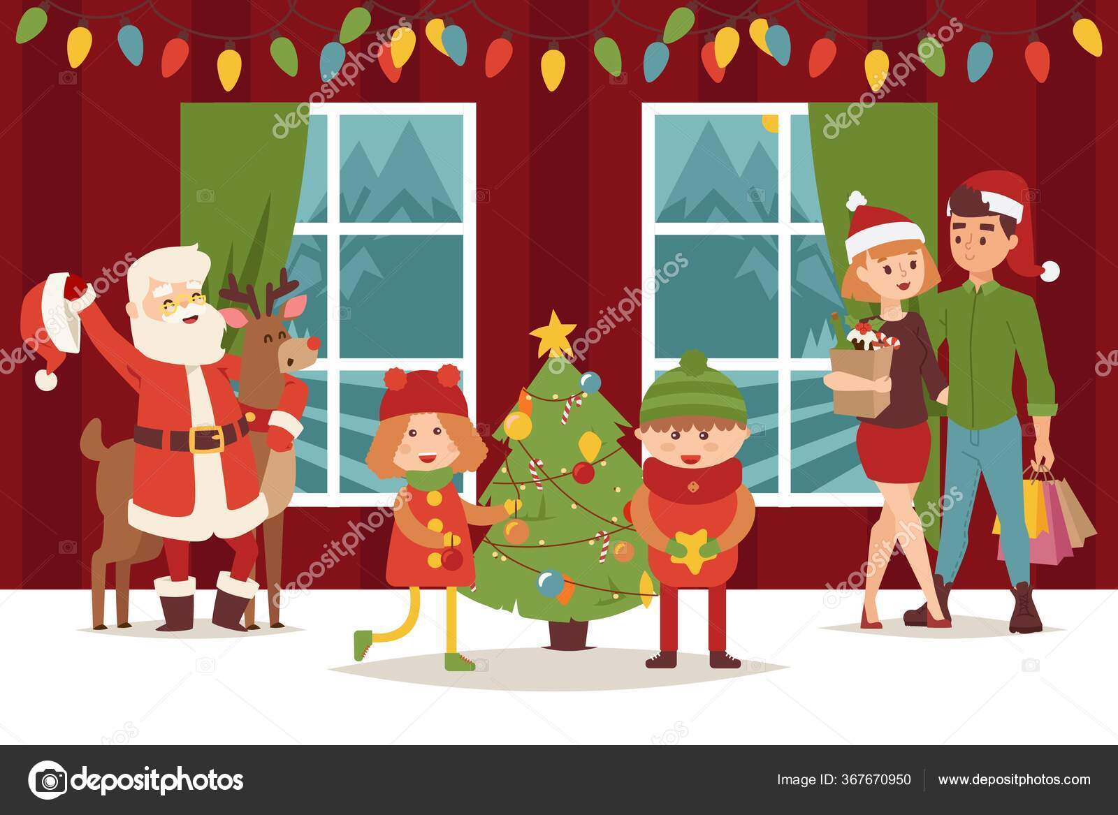 Kids celebrate christmas at home flat. Santa Claus, deer and parents ...