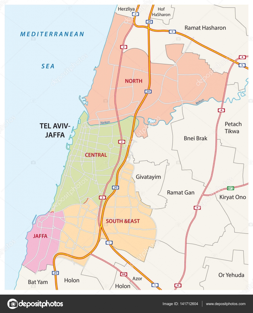 Mapa administrativo, rodoviário e político da cidade israelense de Tel ...