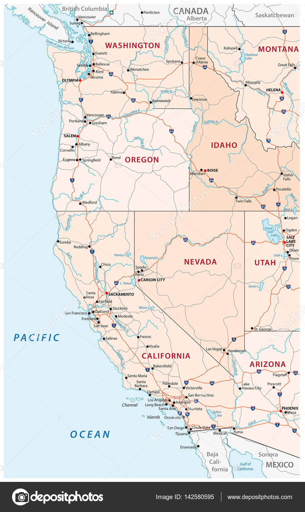 Roads, political and administrative map of the Western United States of ...