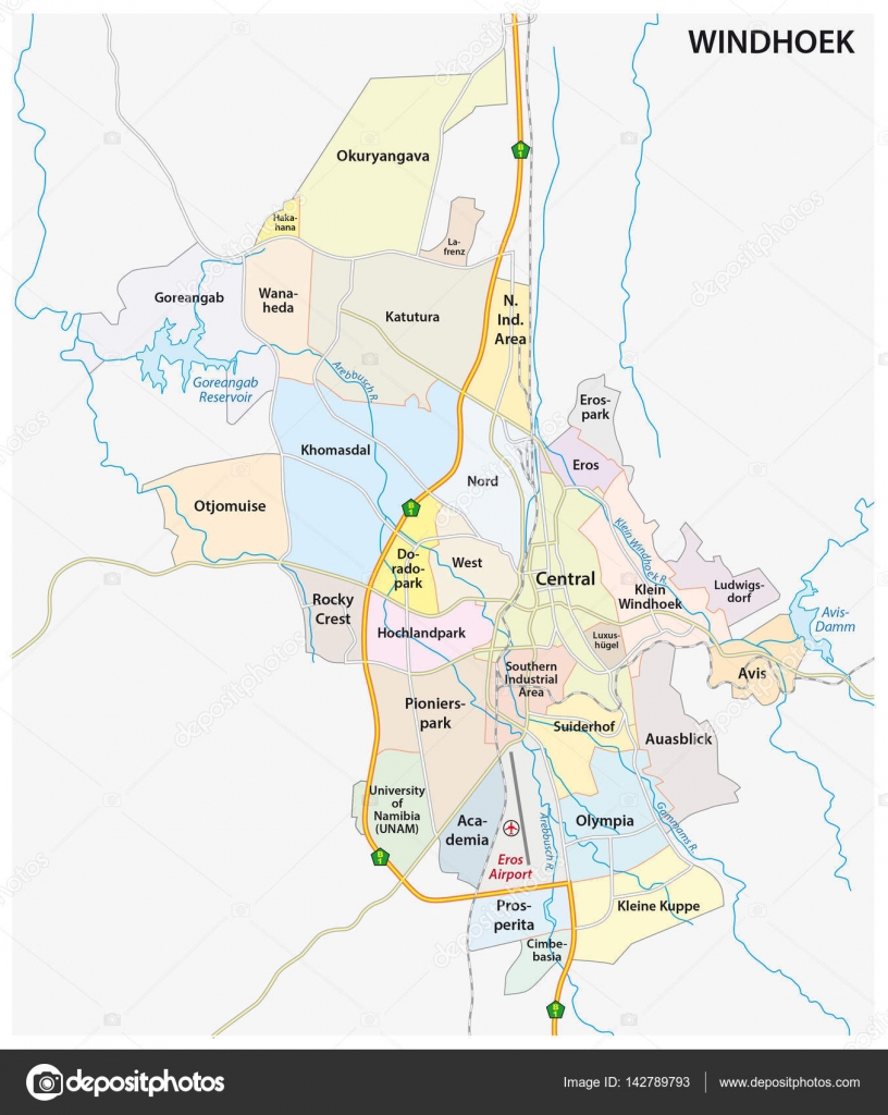 Roads, administrative and political map of the Namibian capital ...