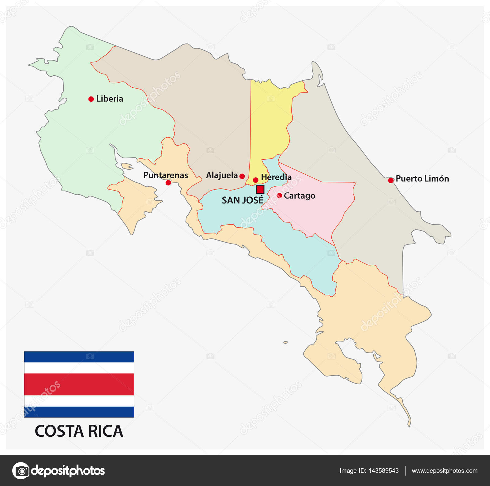 Mapa administrativo y político de Costa Rica con bandera Stock Vector ...