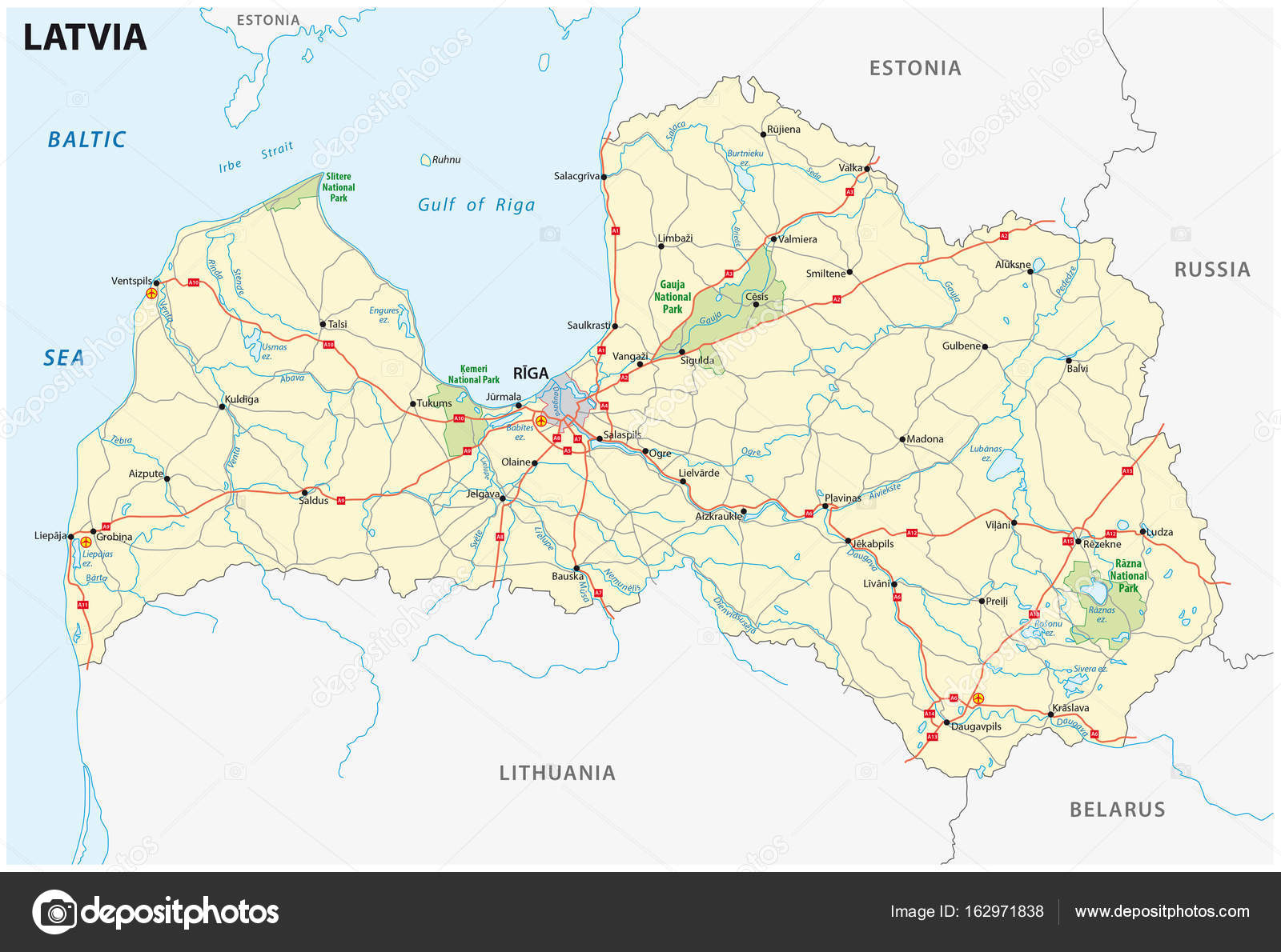 Letonia mapa de carreteras y parques nacionales Vector de stock ...