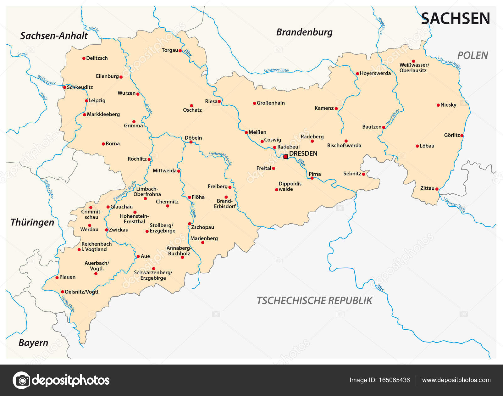 Map of the state Saxony with the most important cities in german ...
