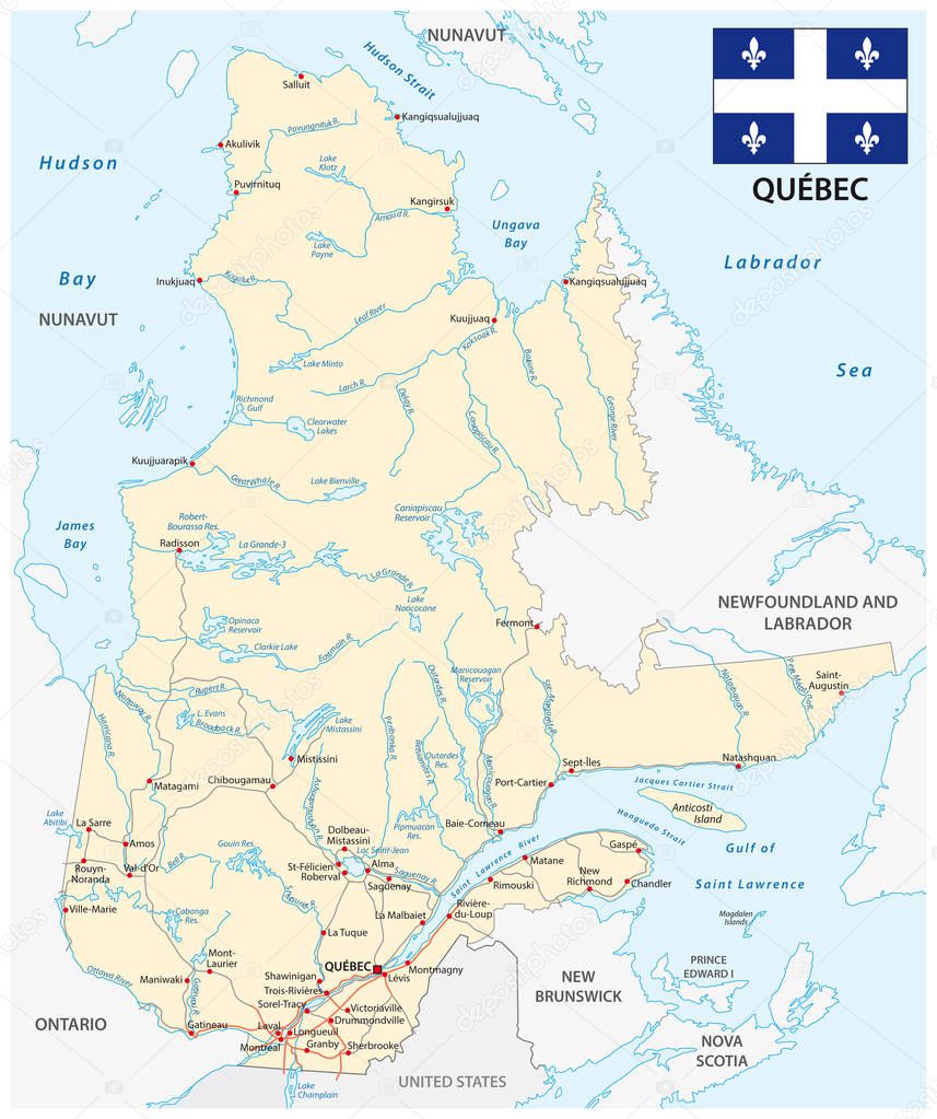 Provincia quebec mapa vectorial de carreteras con bandera 2022