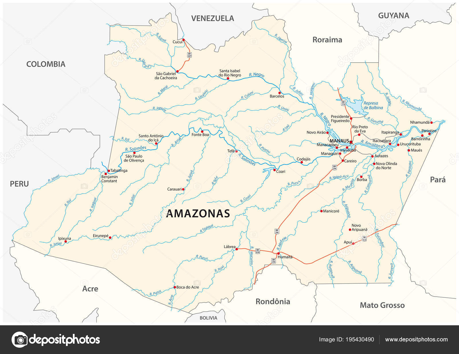 Mapa Vetorial Rodoviário Estado Brasileiro Amazonas Vetor de ©Lesniewski 195430490