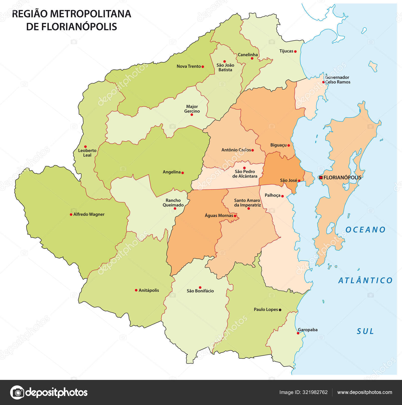 Mapa administrativo da região metropolitana de Florianópolis, no estado ...