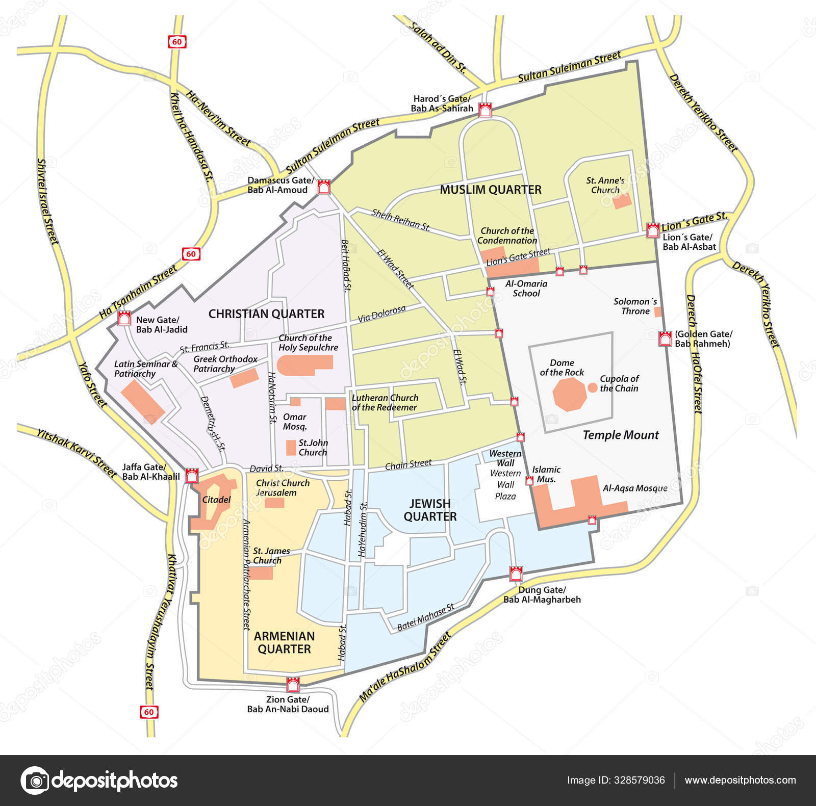 Map Old City Jerusalem Stock Vector by ©Lesniewski 328579036