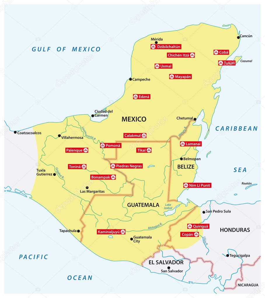 Mapa del Imperio Maya con las ciudades más importantes de Centroamérica ...