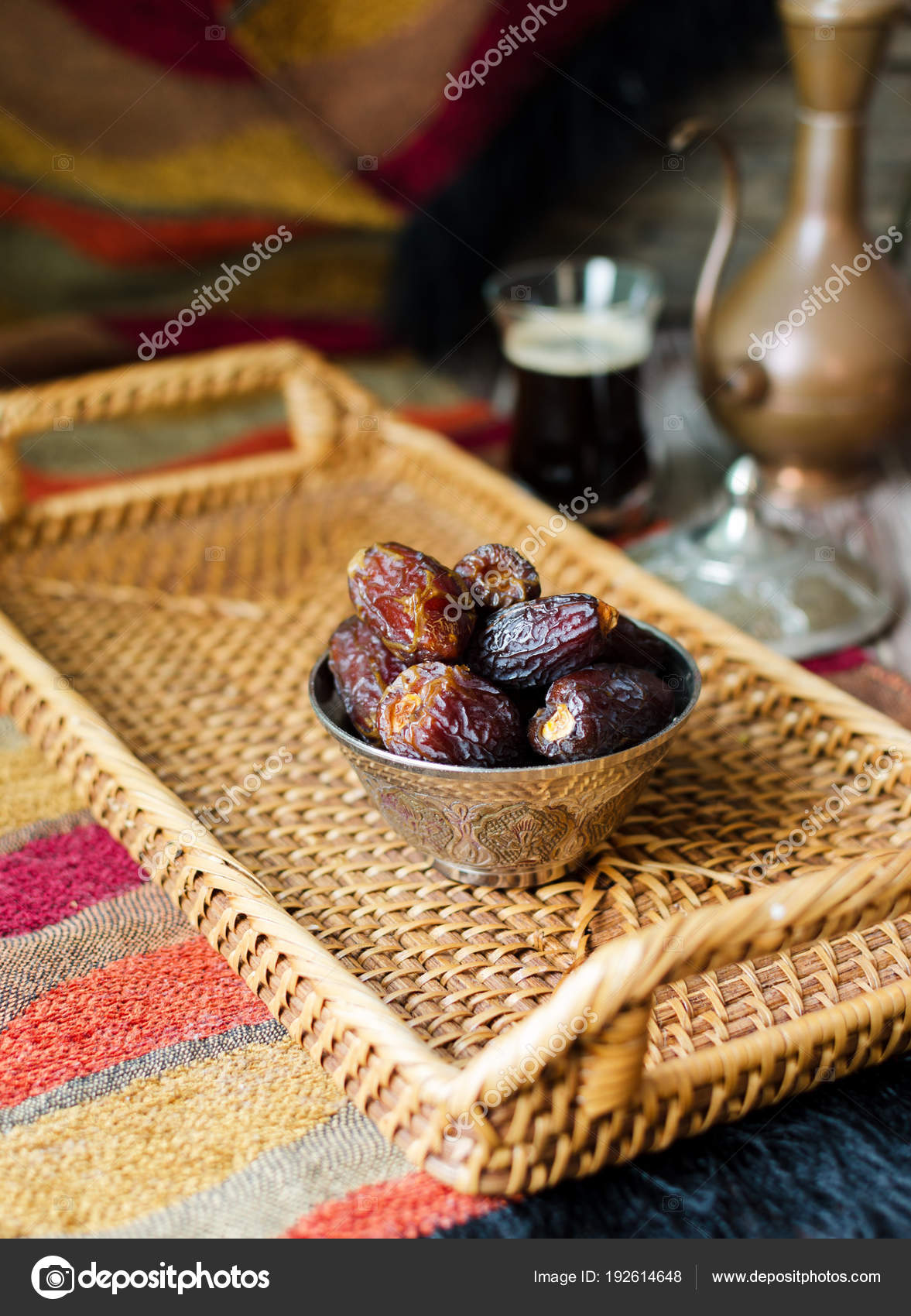 Eid mubarak with arabic coffee pot and dates. Dried dates and coffe ...