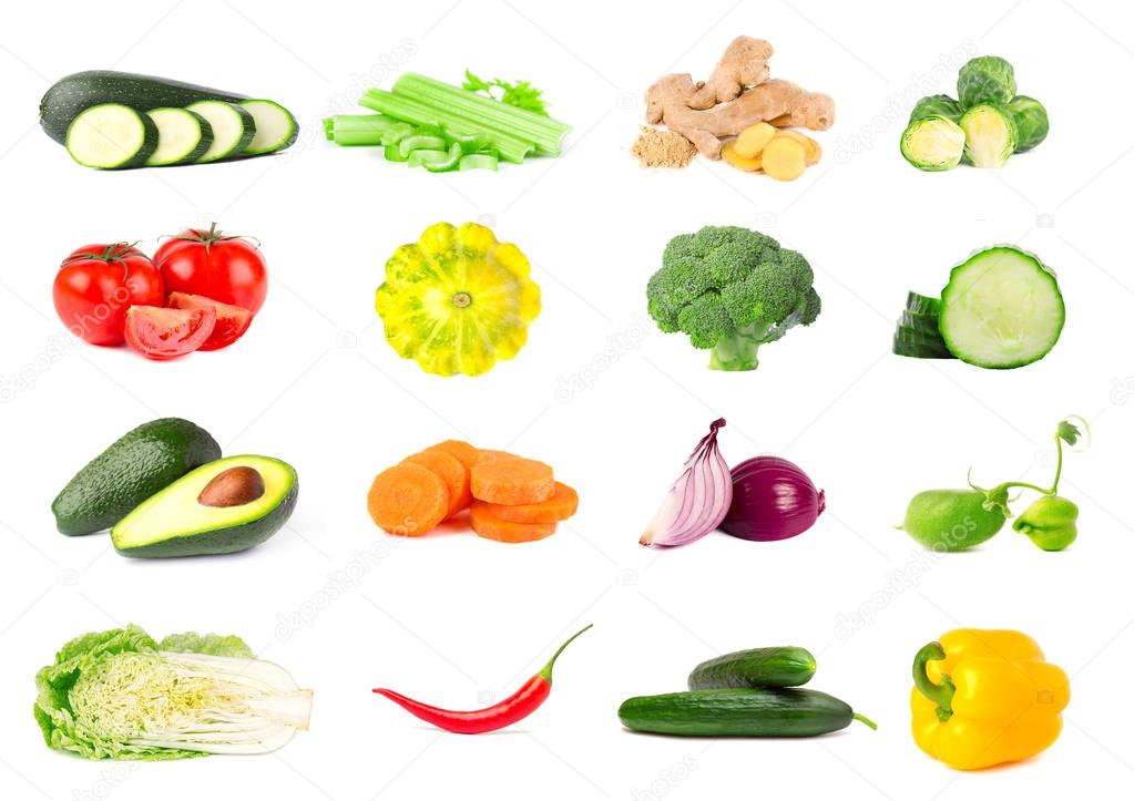 Colección de verduras frescas aisladas sobre fondo blanco. Collage de ...
