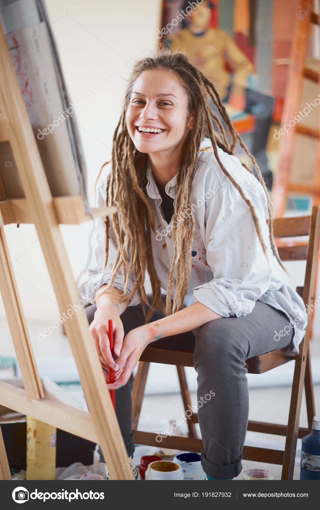 Artistic Girl Sitting Studio Paint Easel Stock Photo by ©chika_milan ...