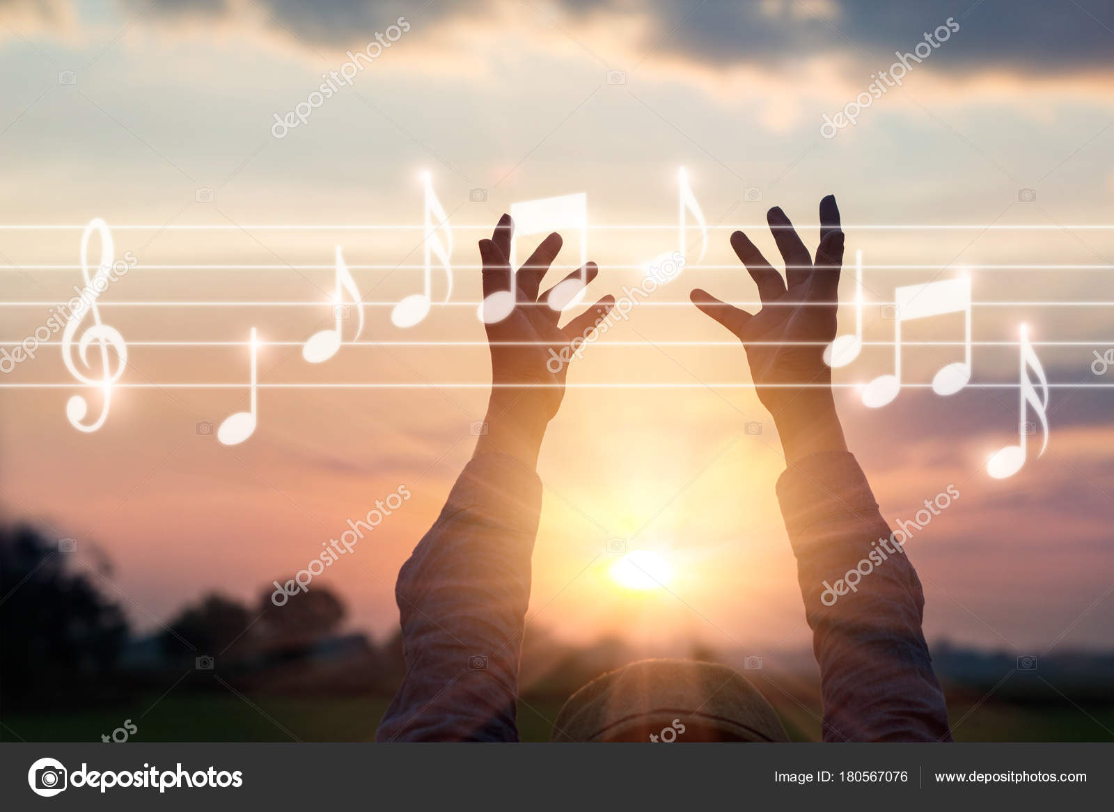 Abstract woman hands touching music notes on nature background — Stock ...