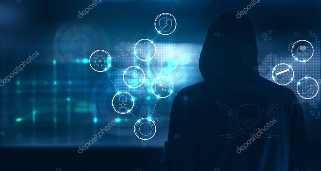 Hacker de pie y prepararse para atacar con iconos de delitos ...