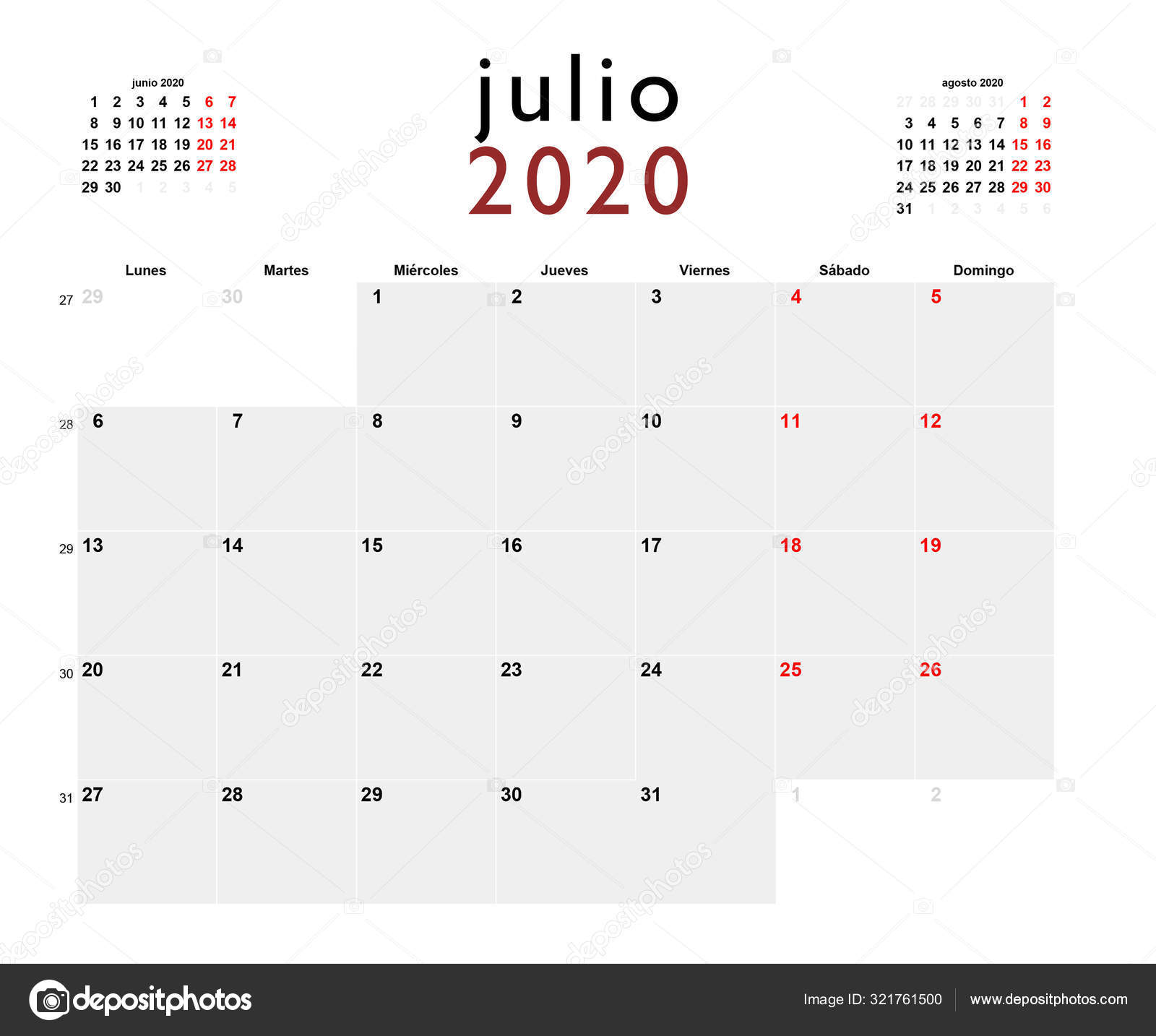 Spanish Printable Calendar July 2020 Stock Photo by ©josefir@gmail.com ...