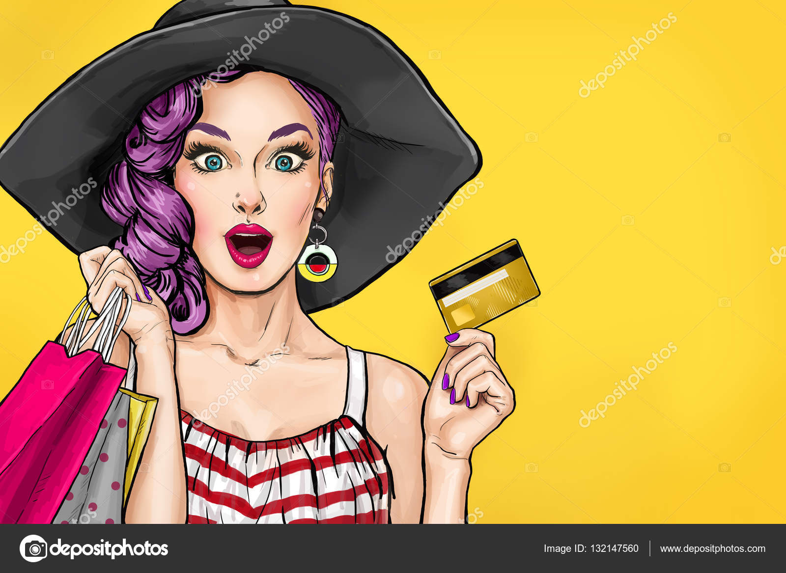 Pop Art Woman On Shoppingpop Art Girl With Shopping Bags Comic Woman Sexy Girl Stock